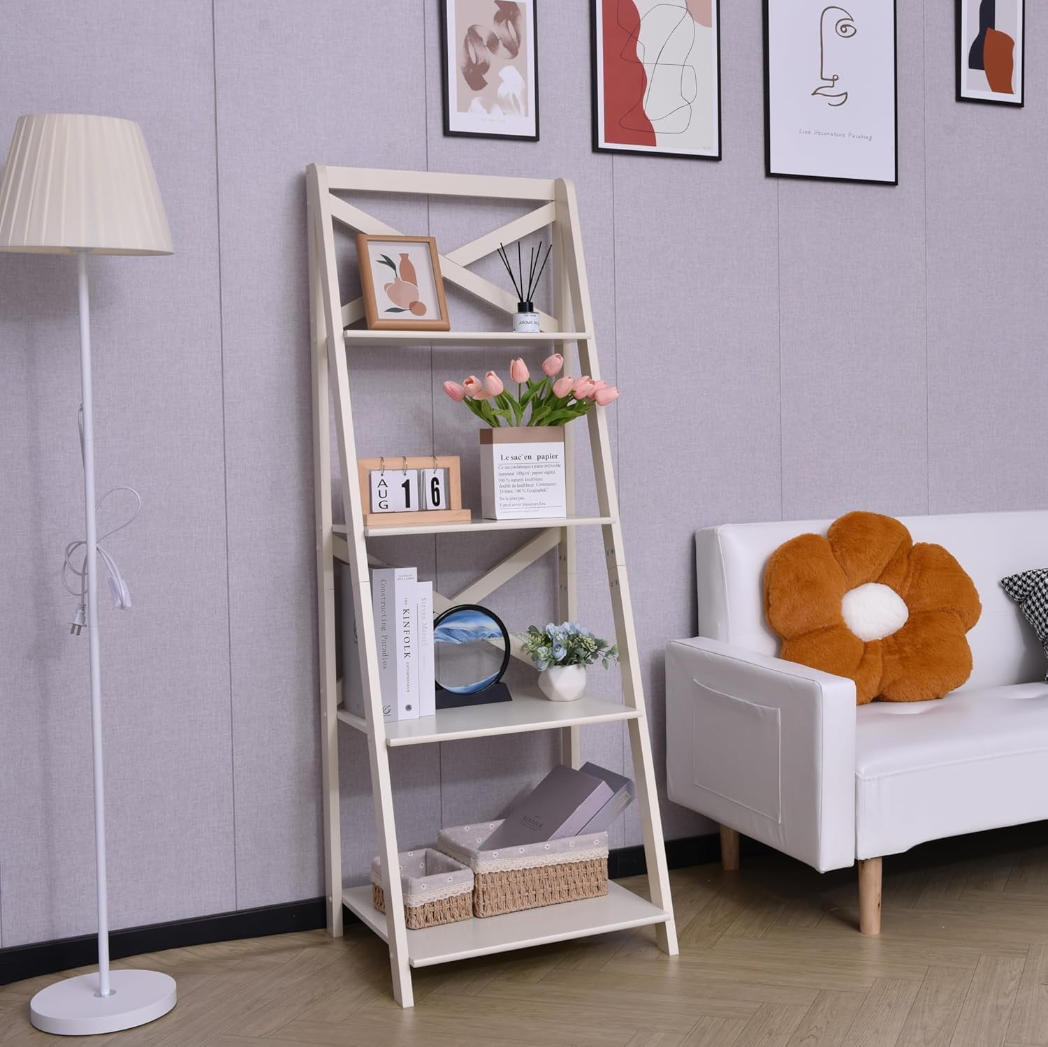 4-Tier Ladder Bookshelf, Tall Standing Ladder Shelves for Living Room ...