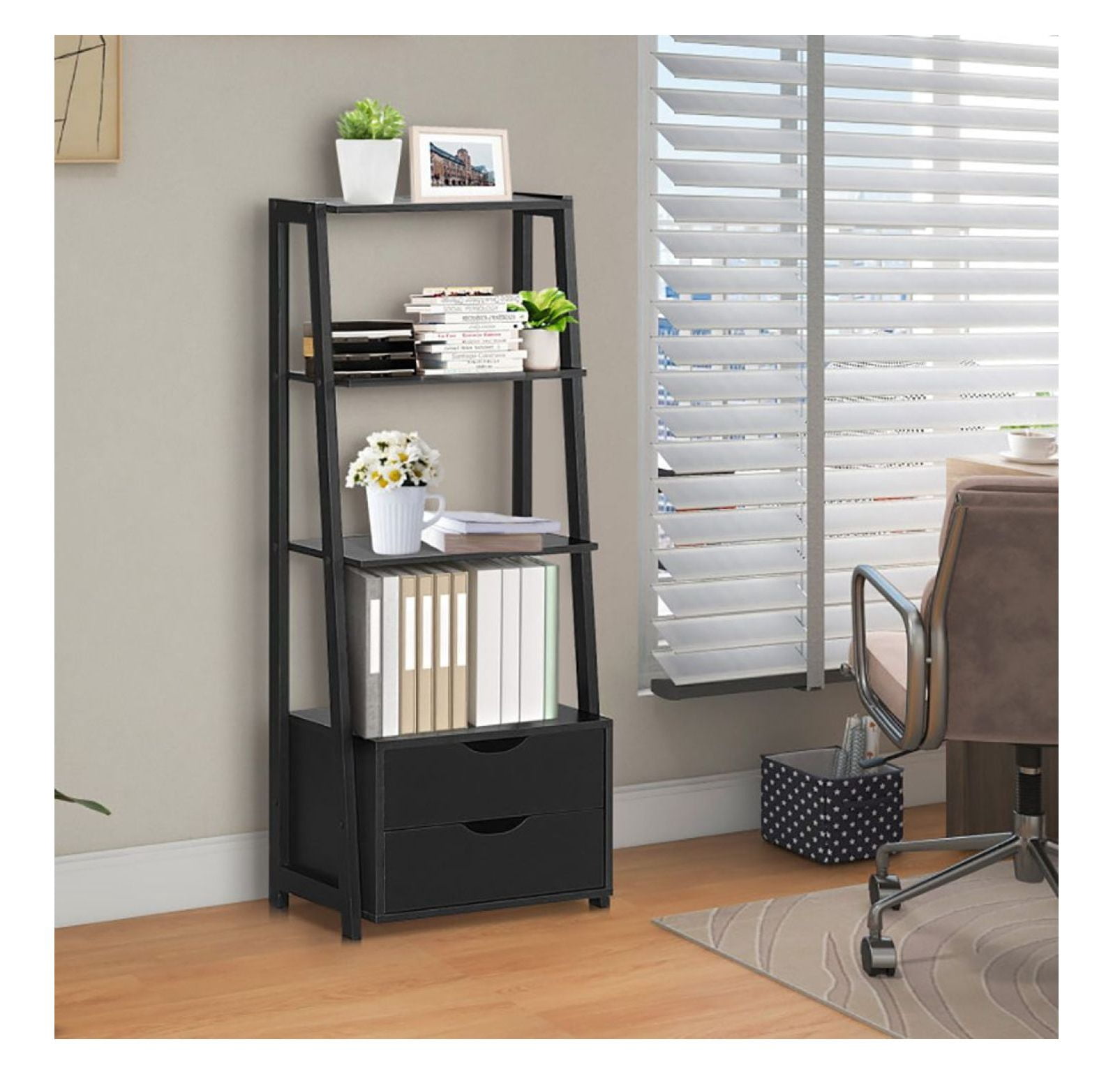 4-Tier Ladder Bookshelf with Drawers, 52.44” Open Shelving Unit, Modern ...