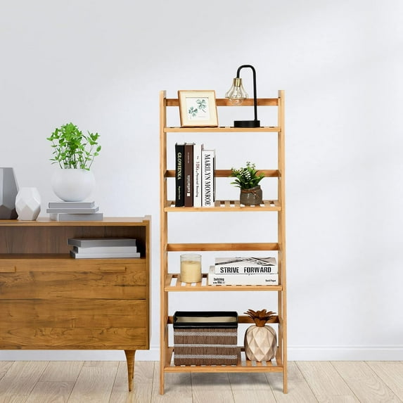 4-Tier Ladder Shelf - Bamboo Plant Stand Rack, Freestanding Bookshelf ...