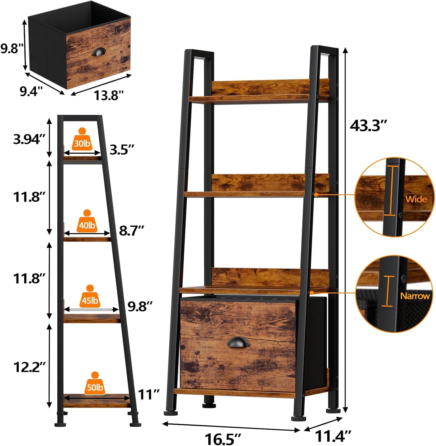 4-Tier Ladder Shelf, Ladder Bookshelf with Removable Drawer, Rustic ...