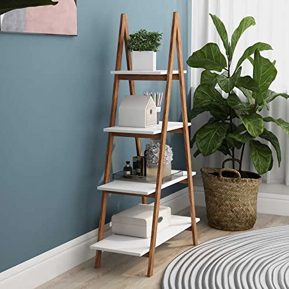 4-Tier Ladder Shelf, Free-Standing Solid Bamboo Wood Frame Bookshelf ...