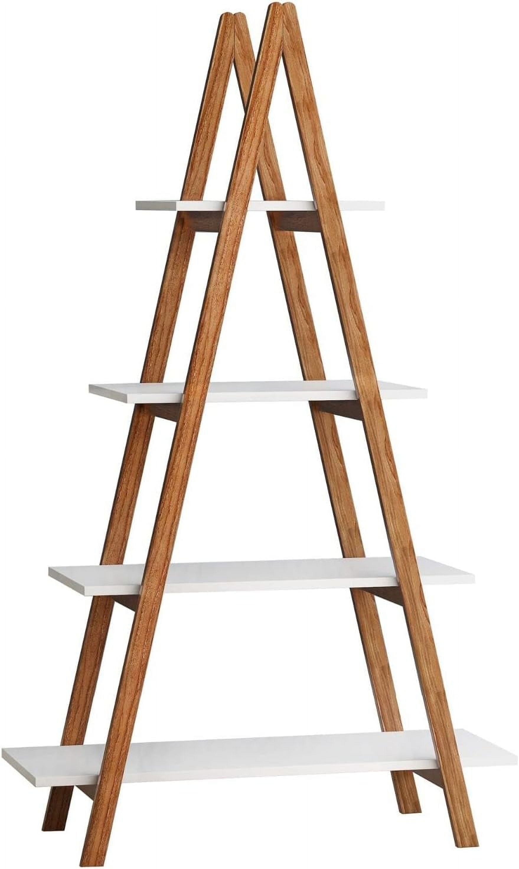 4-Tier Ladder Shelf, Free-Standing Solid Bamboo Wood Frame Bookshelf ...