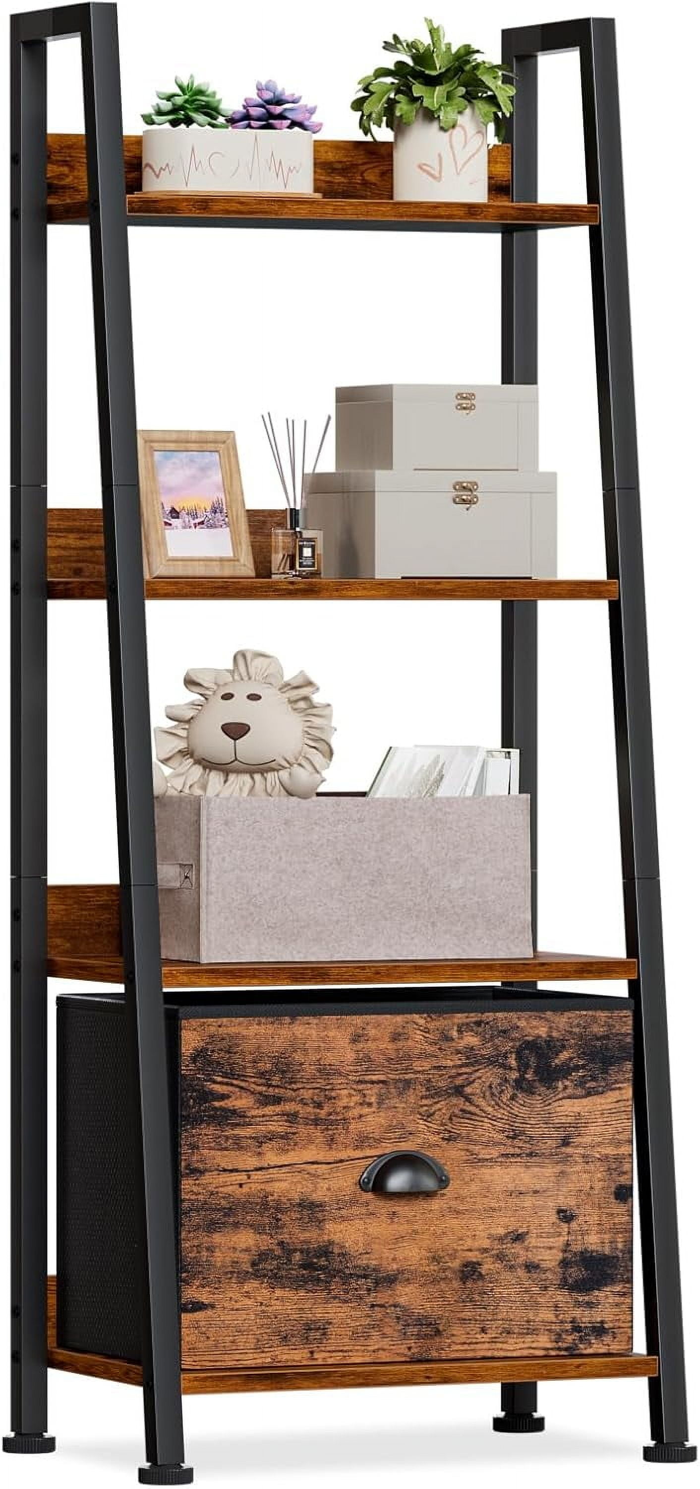 4-Tier Ladder Shelf, Ladder Bookshelf with Removable Drawer, Rustic ...