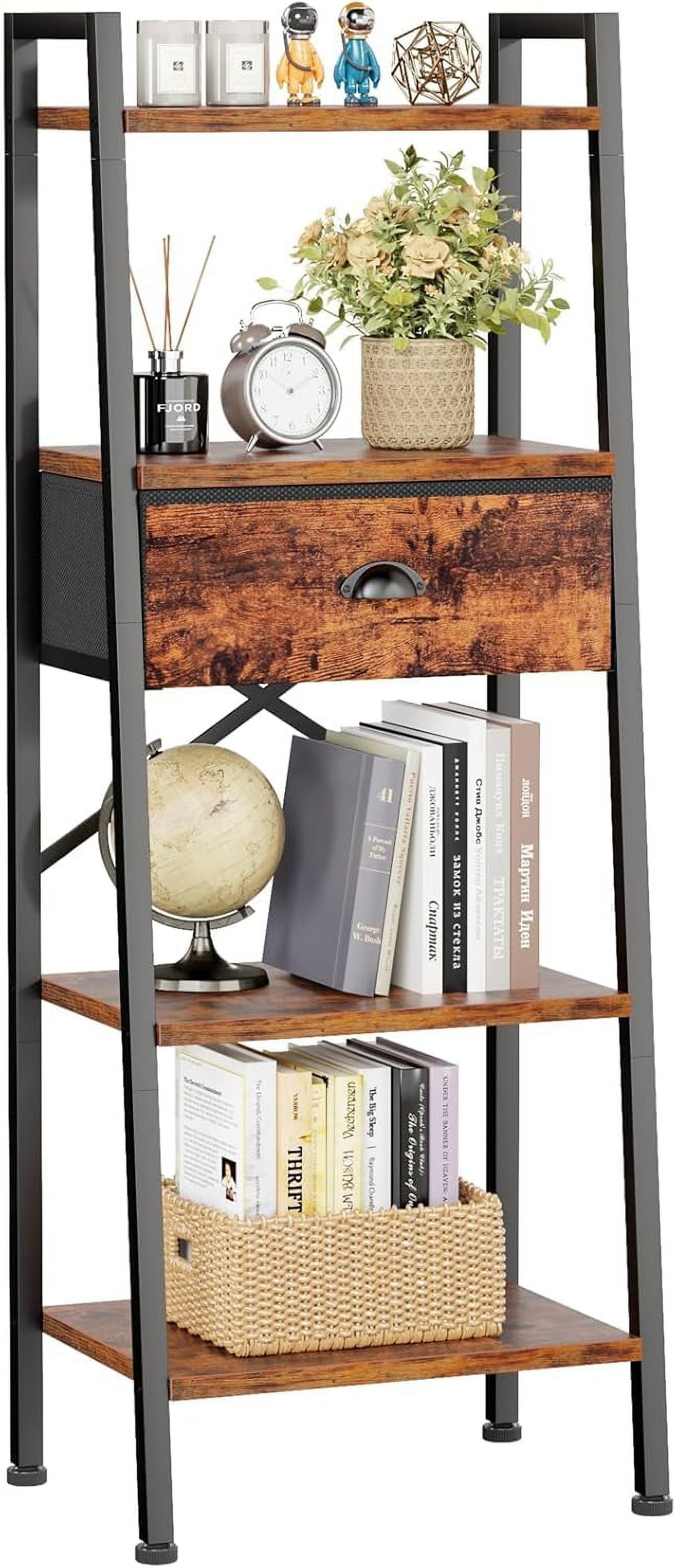 4 Tier Ladder Shelf, Narrow Ladder Book Shelf with Drawer, Modern ...