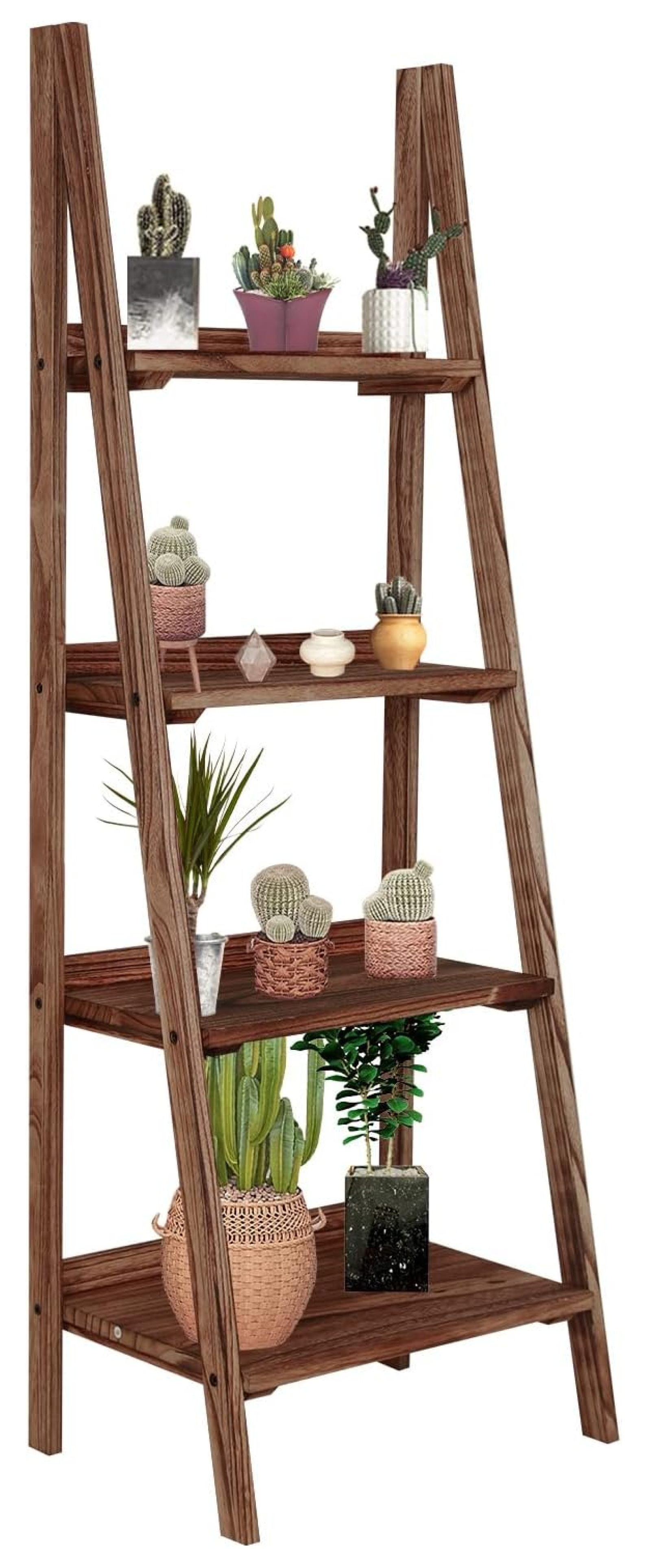 4-Tier Ladder Shelf, Plant Shelf Ladder Shelves Brown Solid Shelf ...