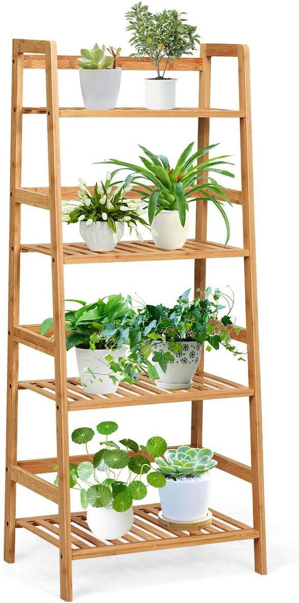 4-Tier Ladder Shelf Plant Stand, Bamboo Ladder-Shaped Bookcase Storage ...