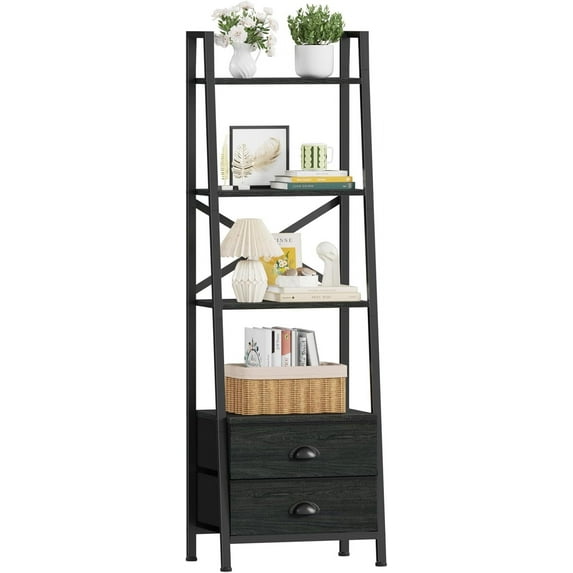 4-Tier Ladder Shelf,Small Bookshelf with 2 Drawers,Vertical Bookcase ...