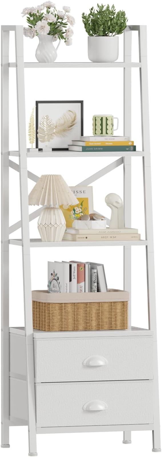 4-Tier Ladder Shelf,Small Bookshelf with 2 Drawers,Vertical Bookcase ...
