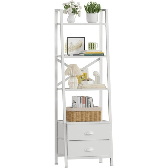 4-Tier Ladder Shelf,Small Bookshelf with 2 Drawers,Vertical Bookcase ...