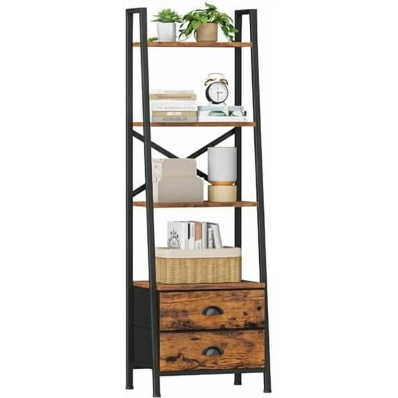 4-Tier Ladder Shelf,Small Bookshelf with 2 Drawers,Vertical Bookcase ...