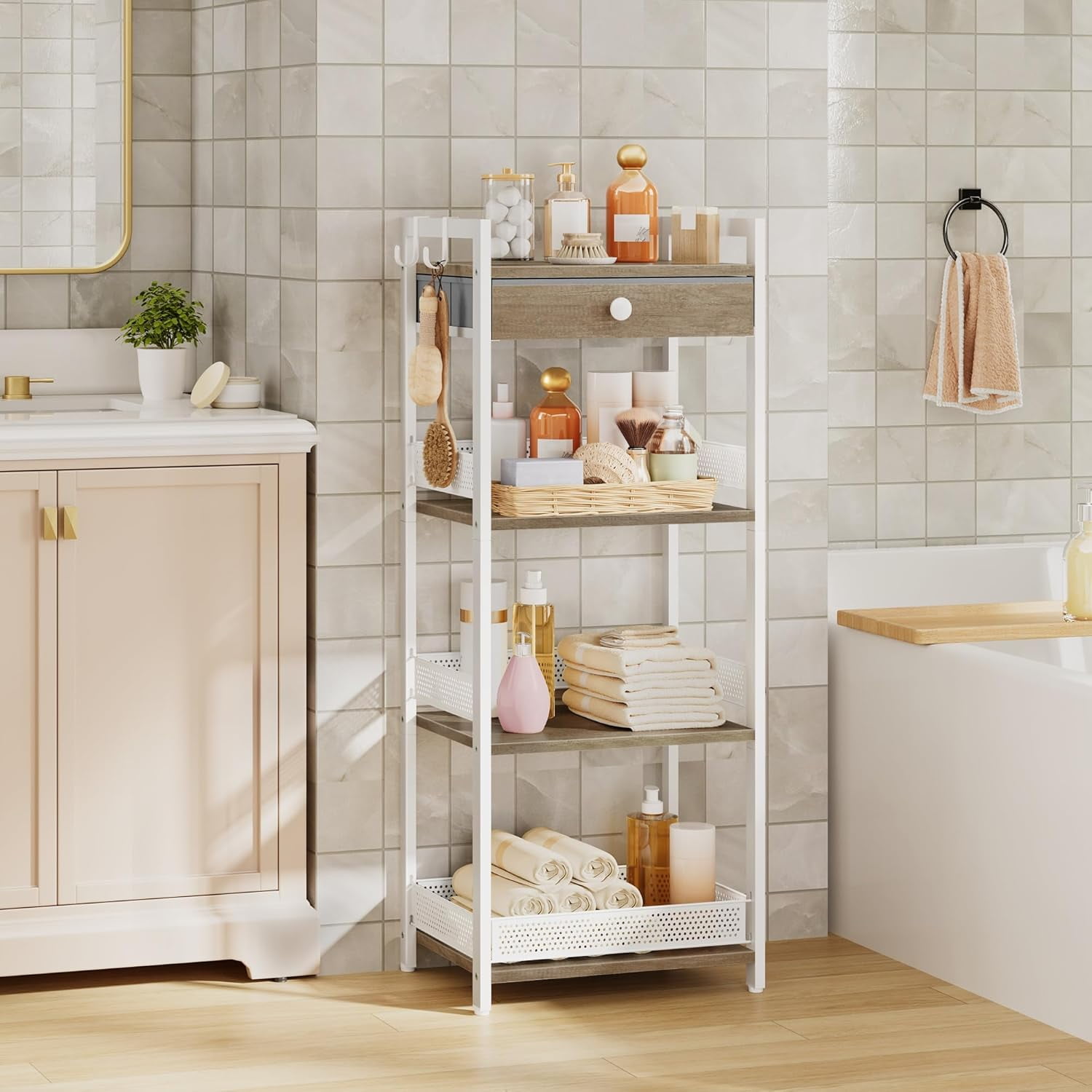 4 Tier Ladder Shelf Stand with Removable Fabric Drawer, Wood & Metal ...