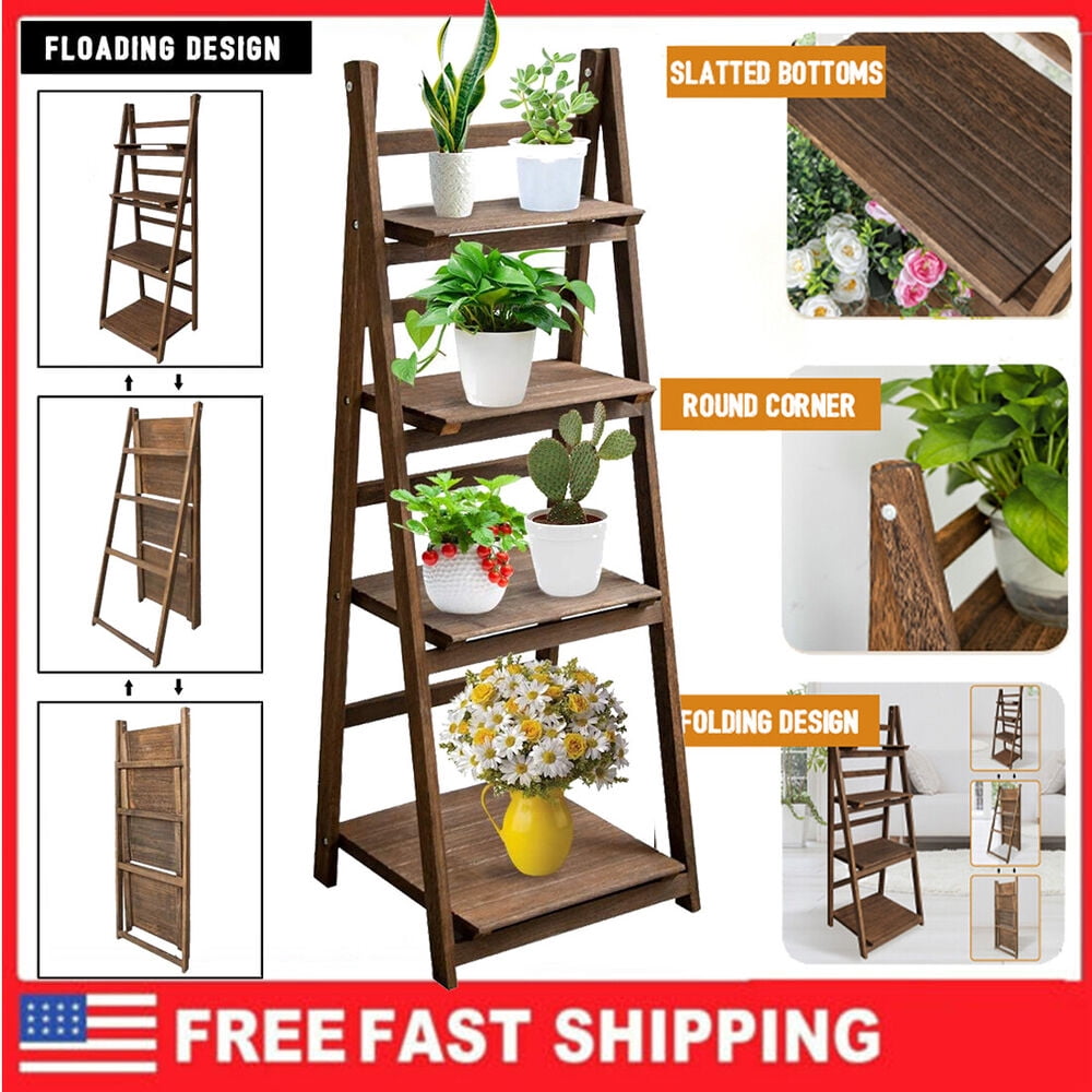 4 Tier Ladder Shelf Storage Rack Foldable Wood Stand Bookshelf Bookcase ...