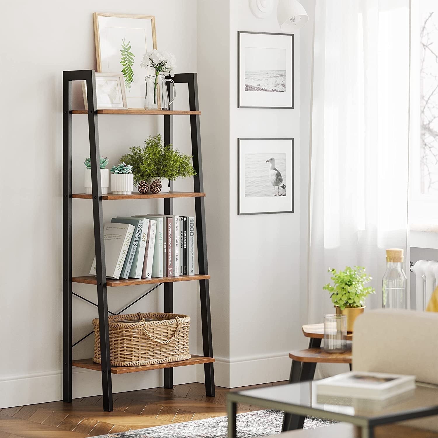 Vasagle Ladder Shelf Bookcase with 4 Tiers Rustic Brown and Black Steel ...
