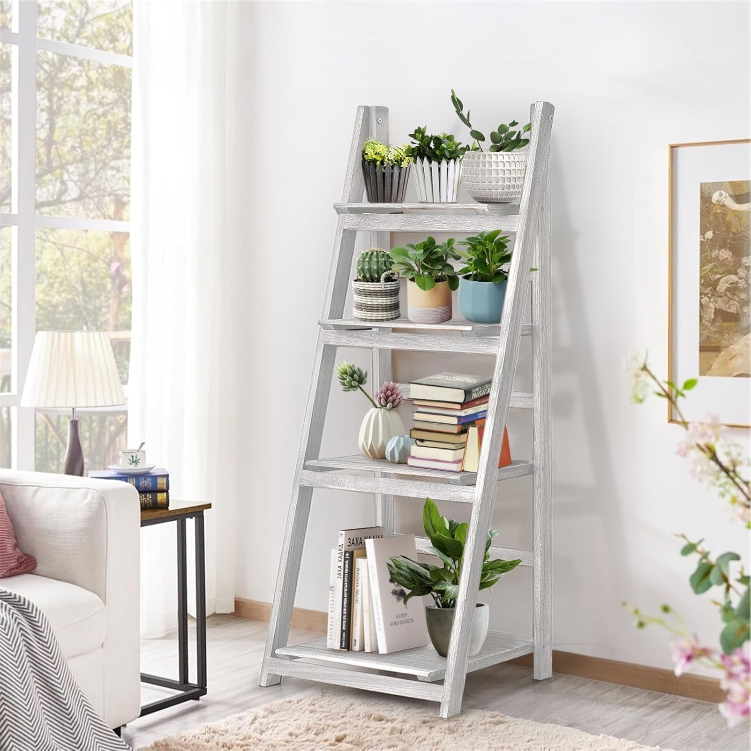 4 Tier Ladder Shelf Wooden Ladder Shelf Industrial 4 Tier Bookshelf ...