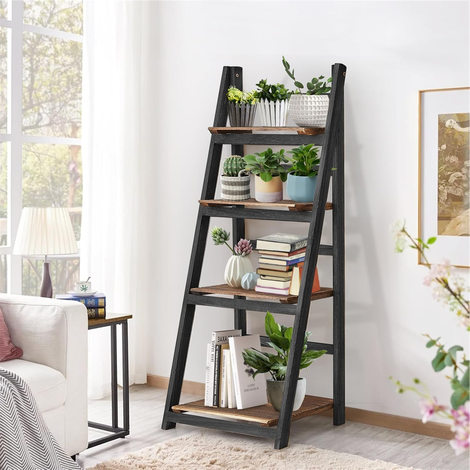 4 Tier Ladder Shelf Wooden Ladder Shelf Industrial 4 Tier Bookshelf ...