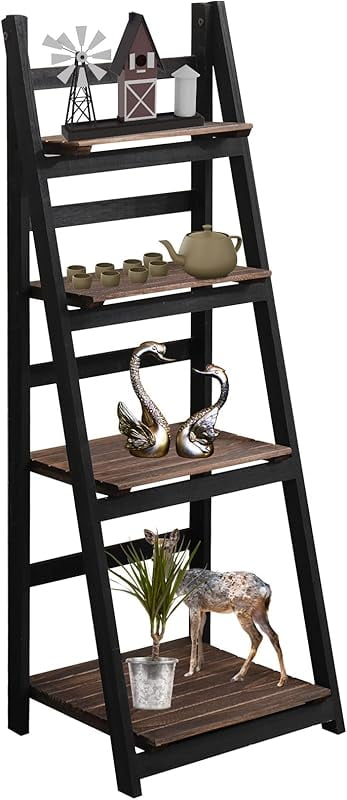4 Tier Ladder Shelf, Wooden Ladder Shelf 4 Tier Bookshelf Rustic ...