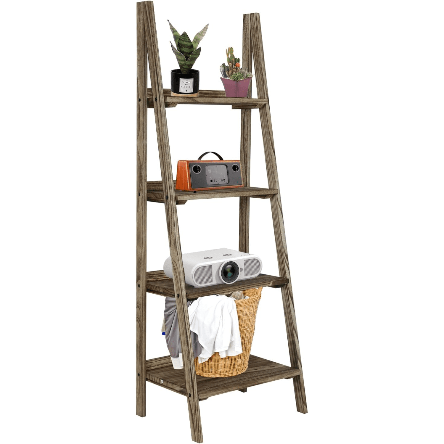 4 Tier Ladder Shelf Wooden Ladder Shelf 4 Tier Bookshelf Rustic Ladder ...