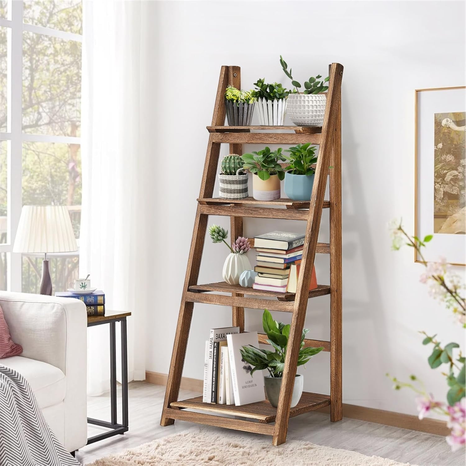 4 Tier Ladder Shelf, Wooden Ladder Shelf, Leaning Ladder Shelves ...