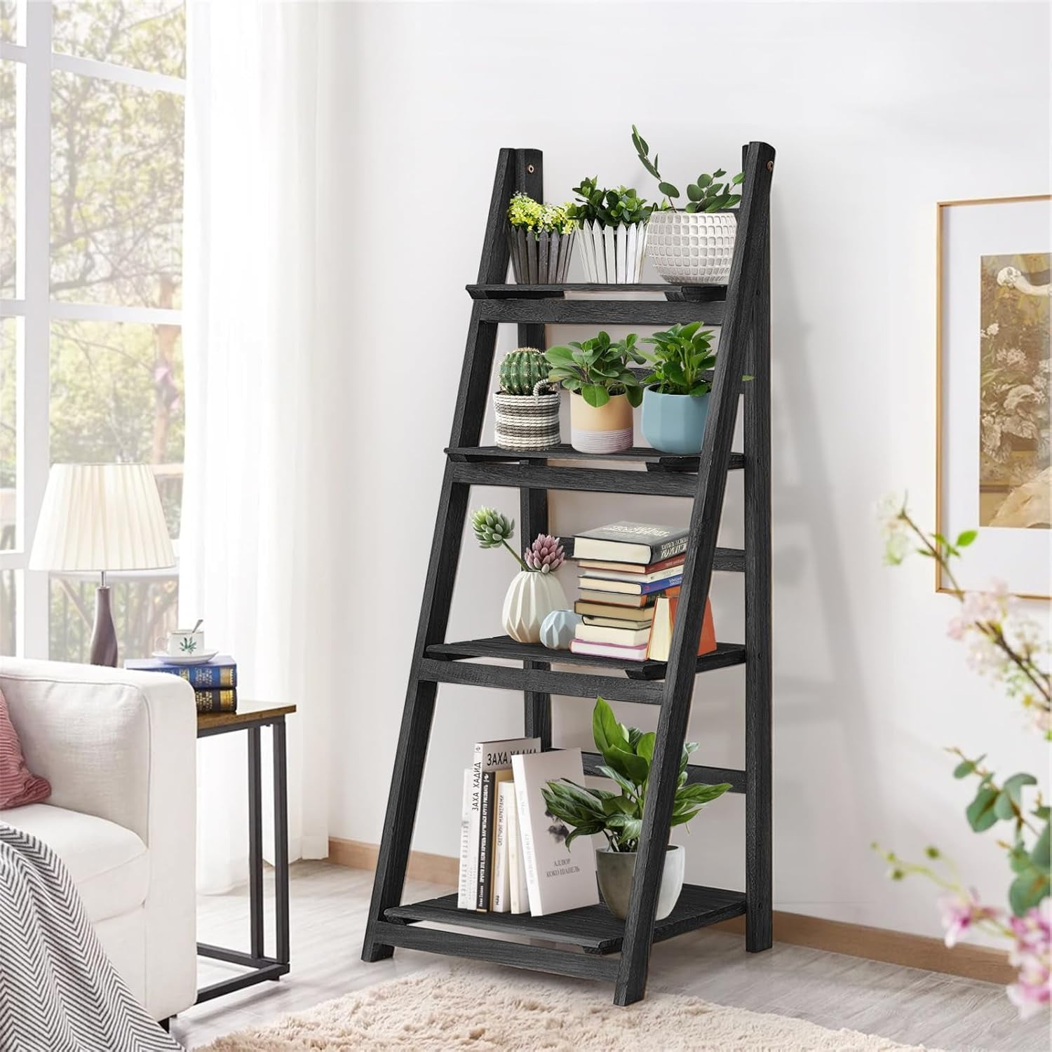 4 Tier Ladder Shelf, Wooden Ladder Shelf, Leaning Ladder Shelves ...