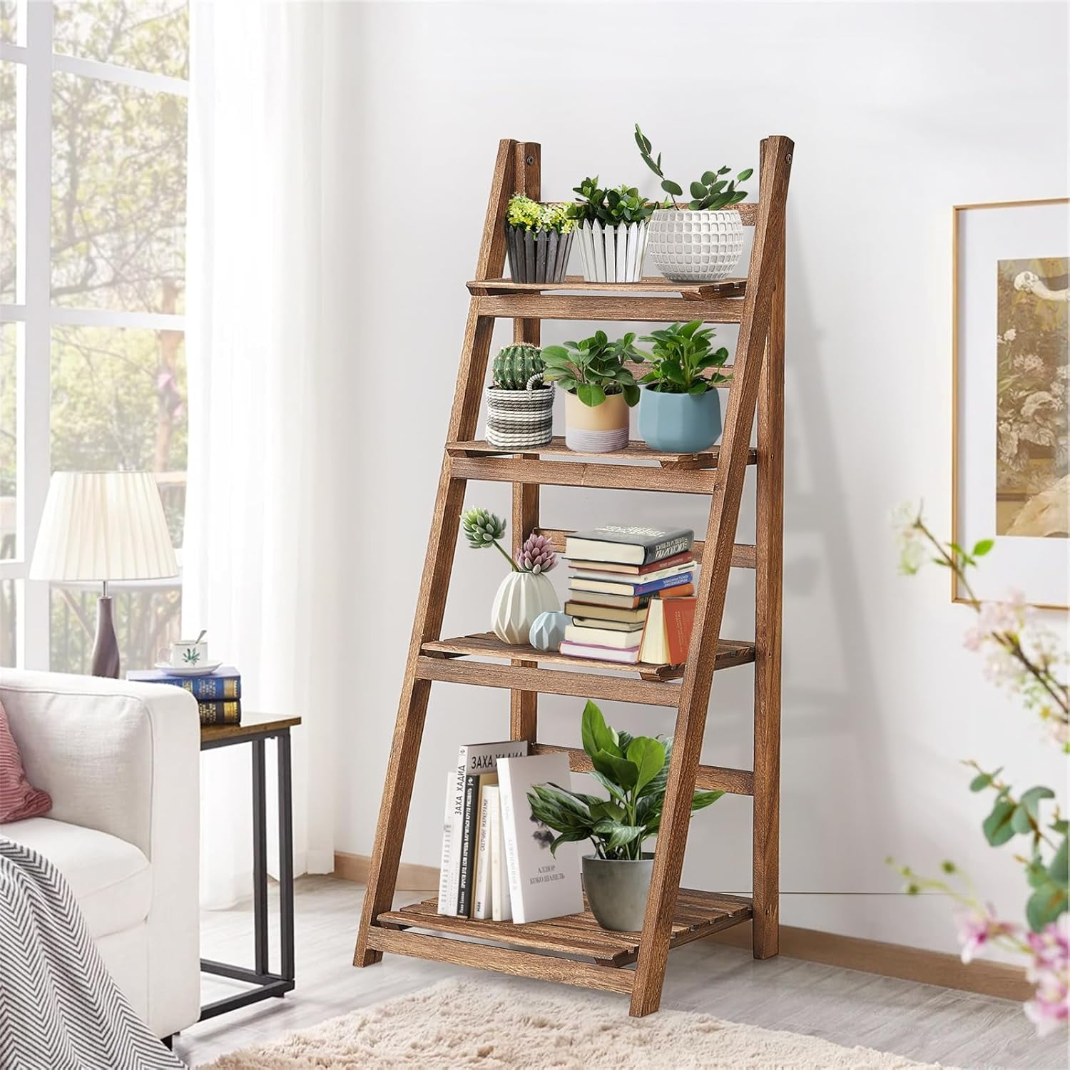 4 Tier Ladder Shelf, Wooden Ladder Shelf Industrial 4 Tier Bookshelf ...