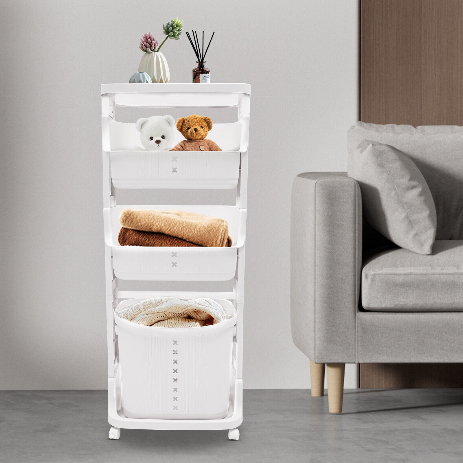 4-Tier Laundry Hamper Basket with Wheels Portable Rolling Laundry ...