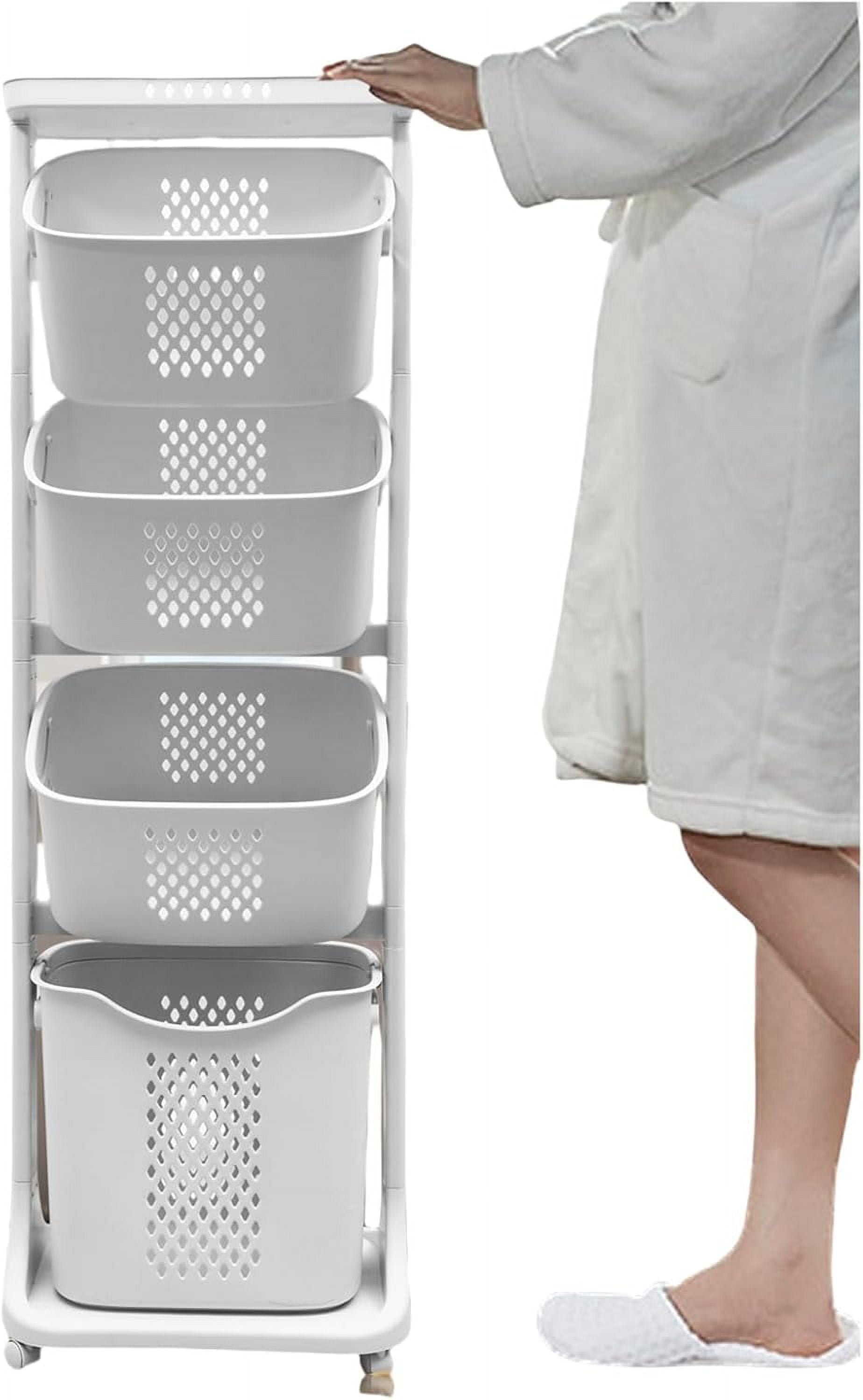 4-Tier Laundry Hamper Sorter, Laundry Storage Organizer with Wheels ...