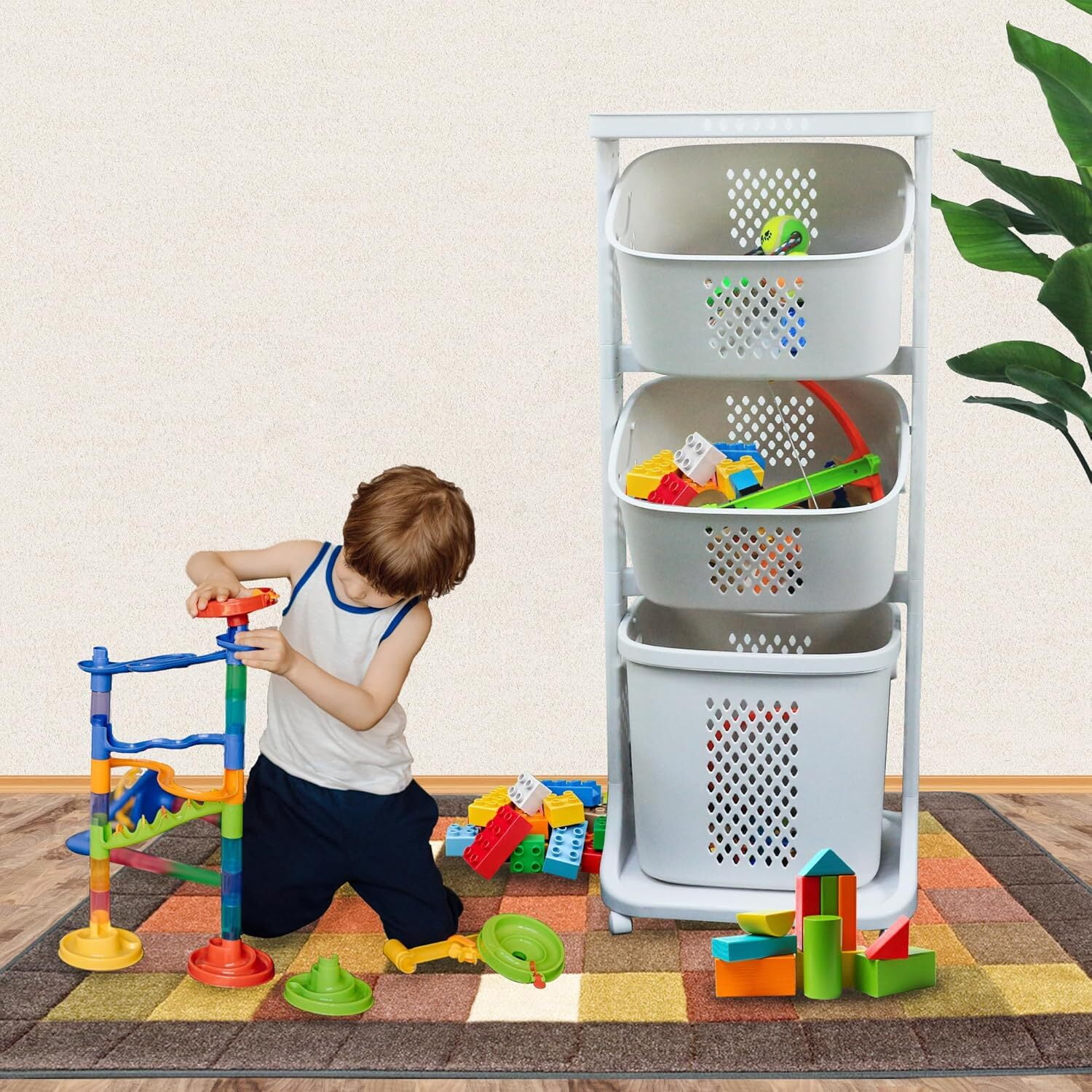 4-Tier Laundry Hamper Sorter, Laundry Storage Organizer with Wheels ...