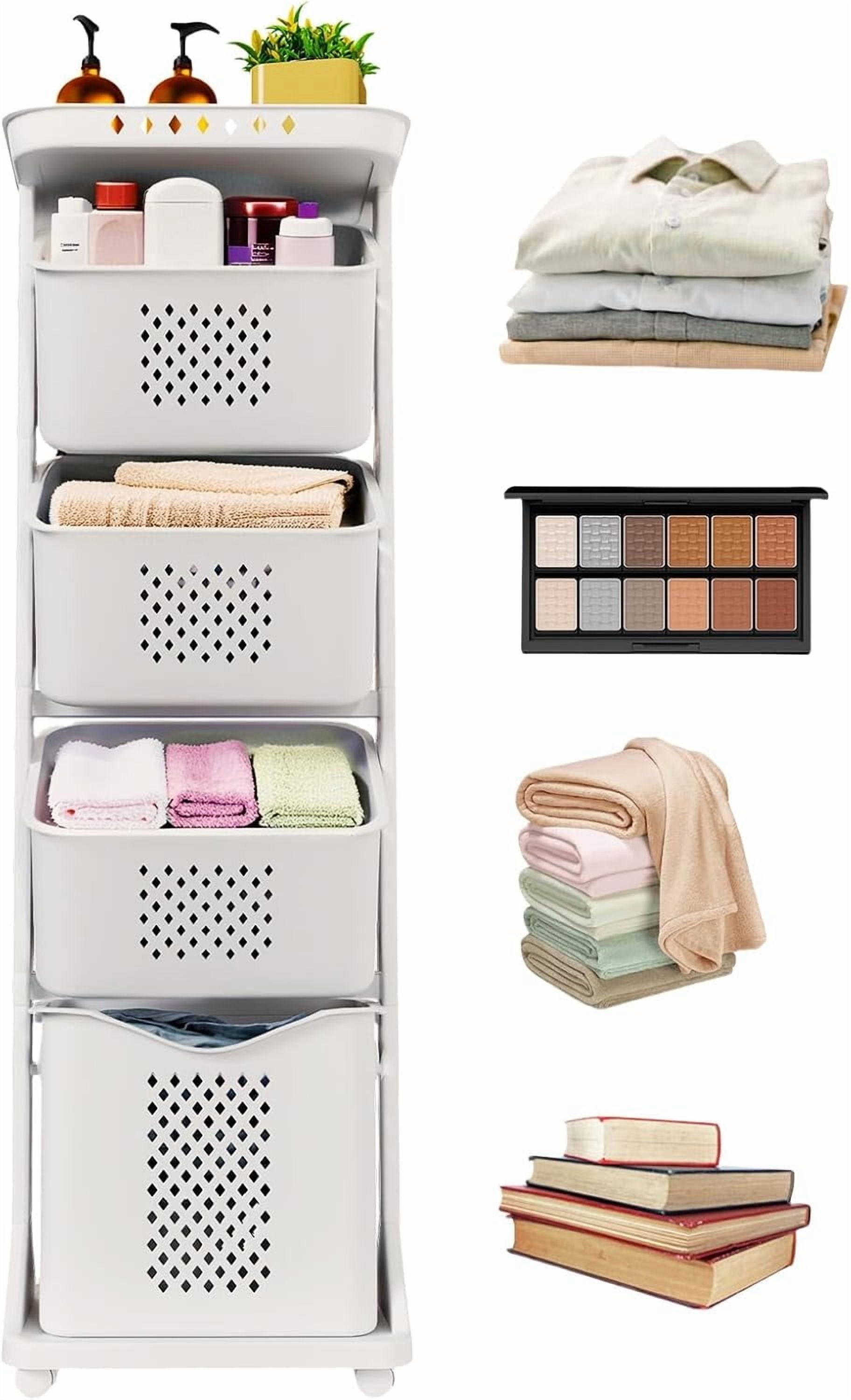 4-Tier Laundry Hamper Sorter, White Laundry Storage Organizer with ...