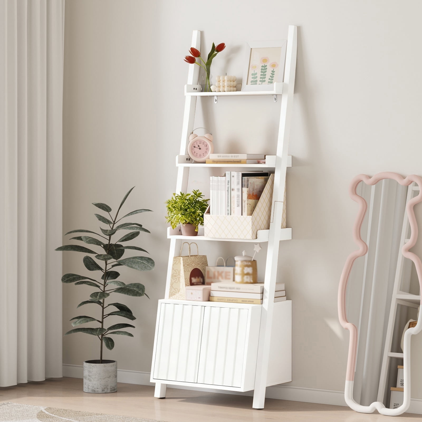 4-Tier Leaning Bookshelf, Wooden Narrow Ladder Shelf with 3 Sided ...