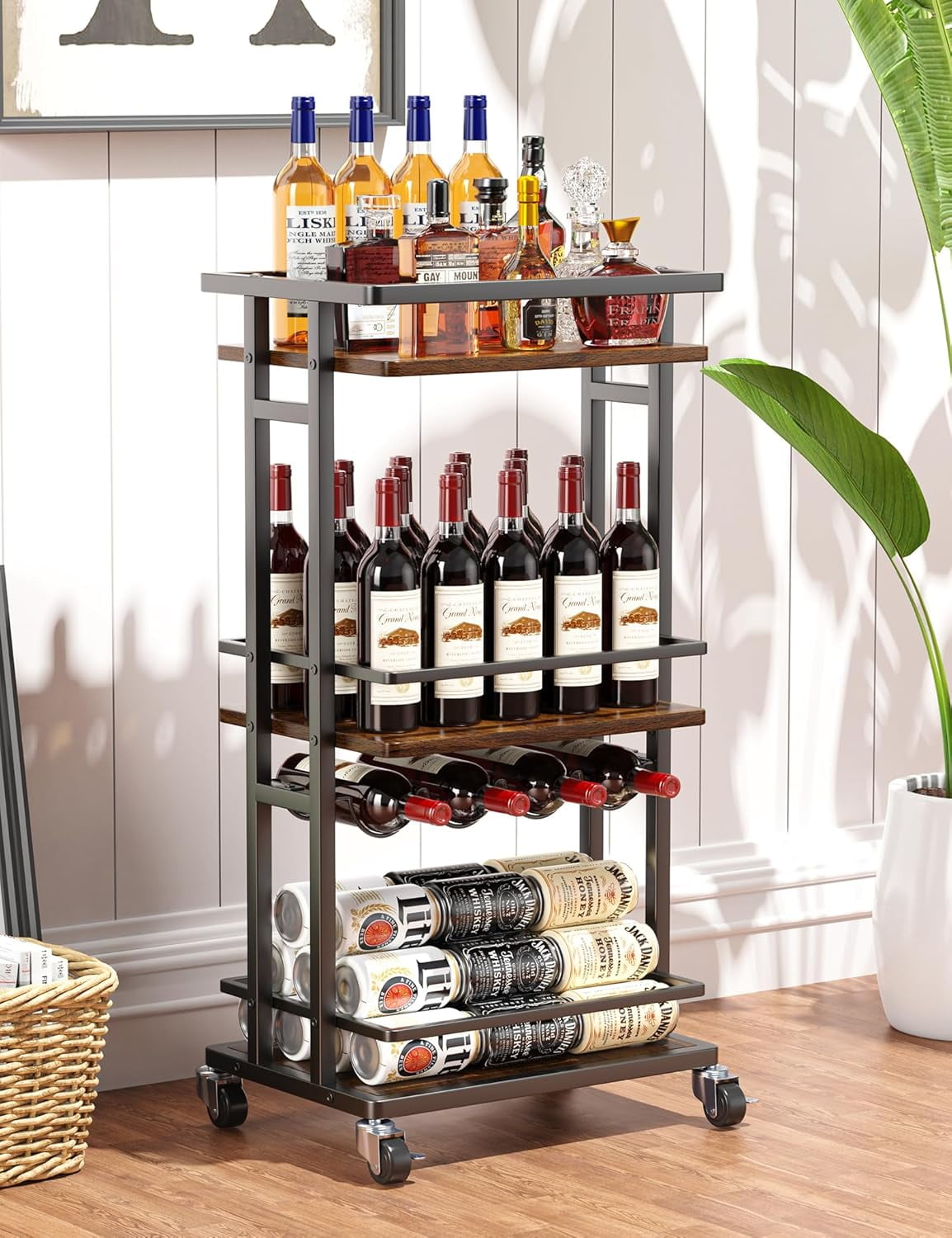 4-Tier Liquor Cabinet with Wine Rack, Mini Bar Cart for Home, Small ...