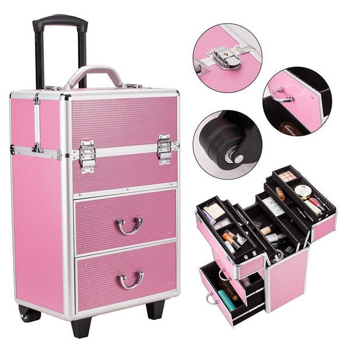 4 Tier Lockable Cosmetic Makeup Train Case with Extendable Trays Pink ...