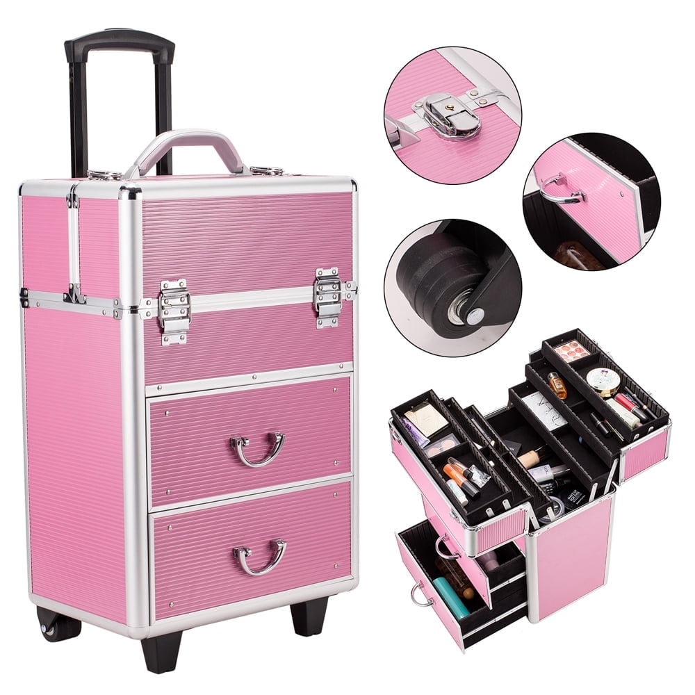 4 Tier Lockable Makeup Train Case, Rolling Pink Trolley with Extendable ...