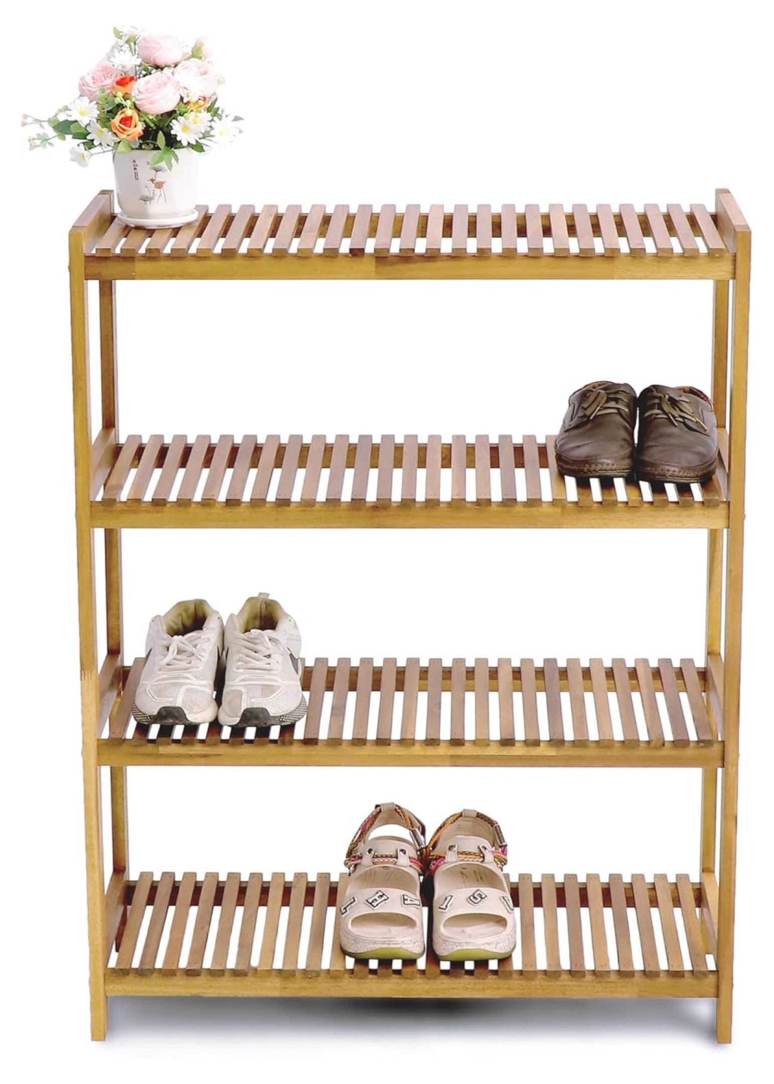 4-Tier Long Acacia Wood Shoe Rack, Wide Natural Shoe Storage Shelf for ...