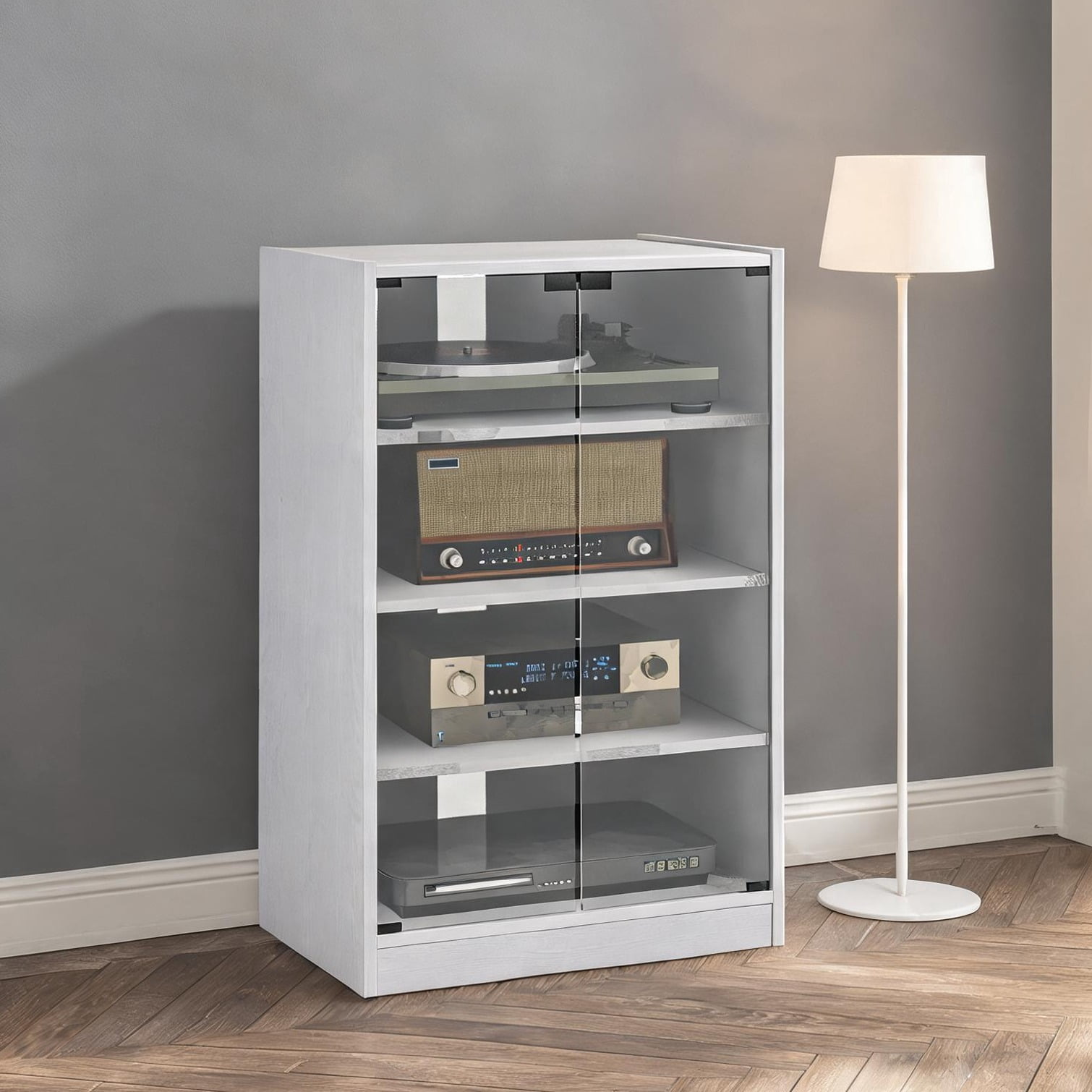4-Tier Media Console with Adjustable Shelves and Glass Doors, Soft ...