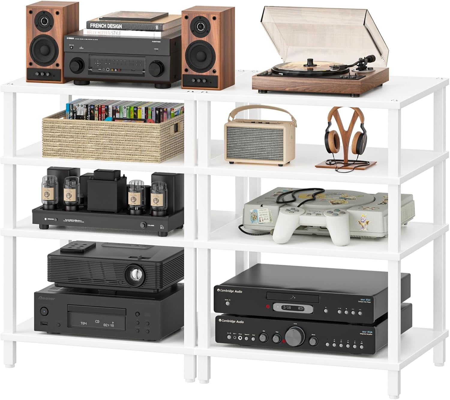 4-Tier Media Player Stand Set of 2, White Stereo Cabinet, Wooden TV ...