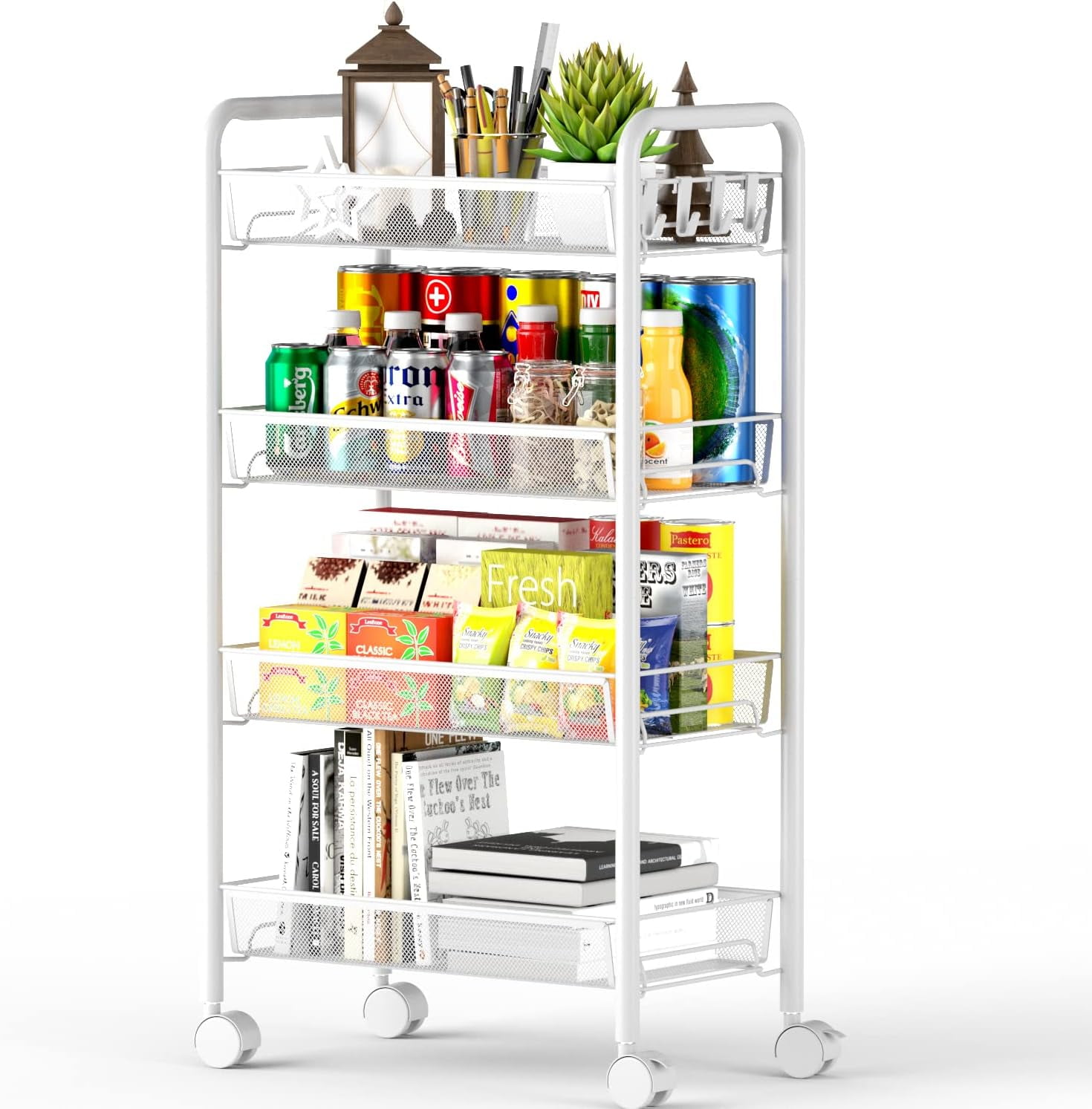 4 Tier Mesh Wire Rolling Cart,Full Metal Basket Storage Art Trolley ...