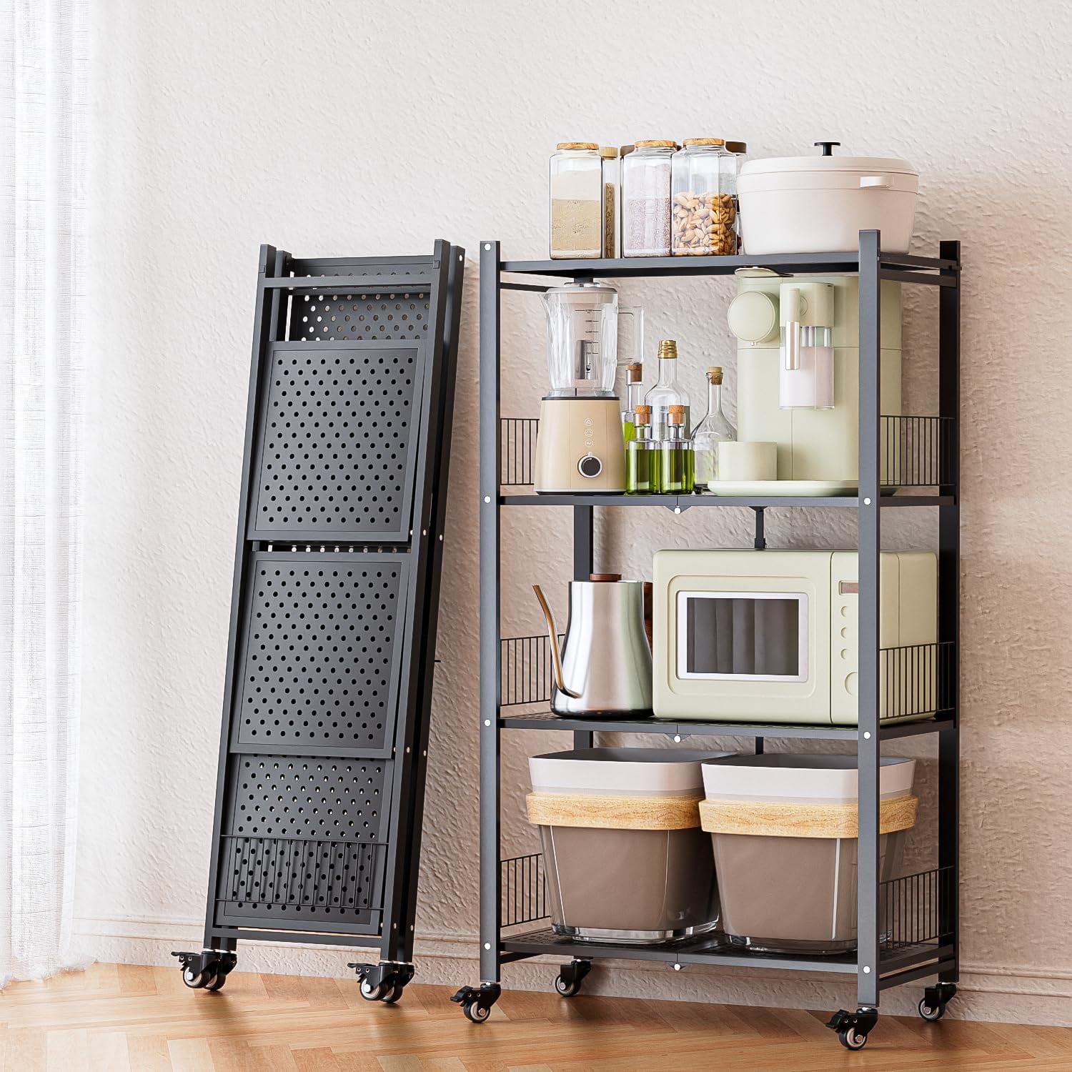 4-Tier Metal Foldable Shelf Shelving Rack Organizer on Rolling Wheels ...