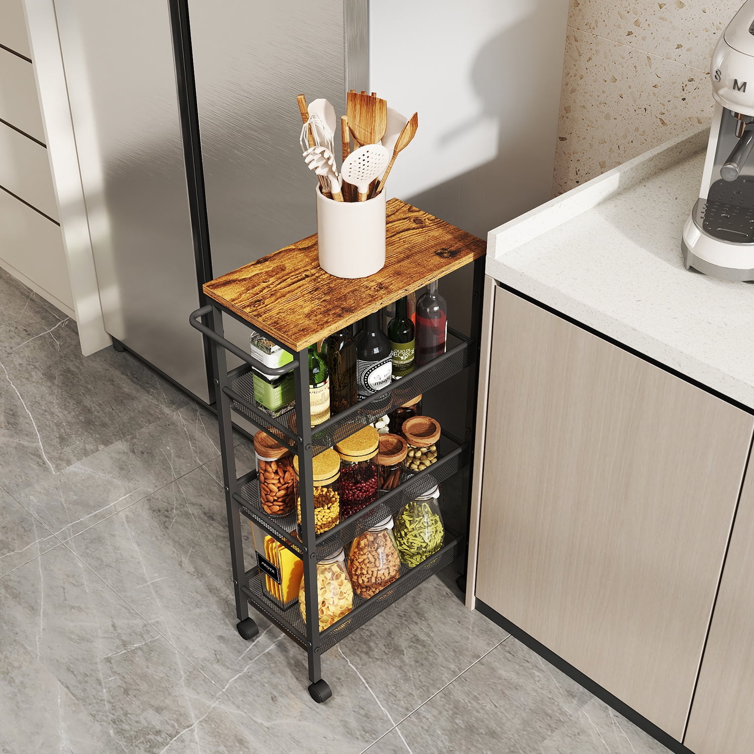 4-Tier Metal Kitchen Shelf With 360° Swivel Wheels,29.99"H x15.99"W x 4 ...
