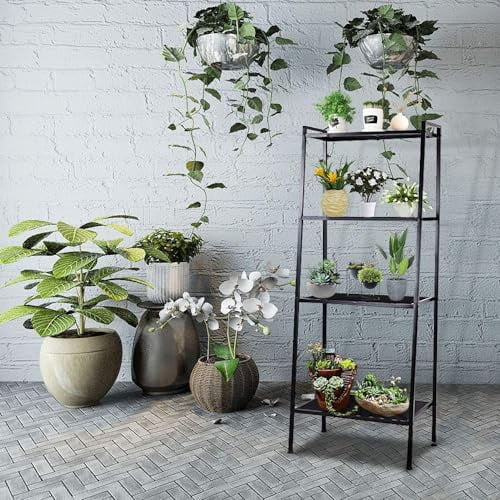 4-Tier Metal Ladder Shelf, Black Ladder Bookshelf Multifunctional ...