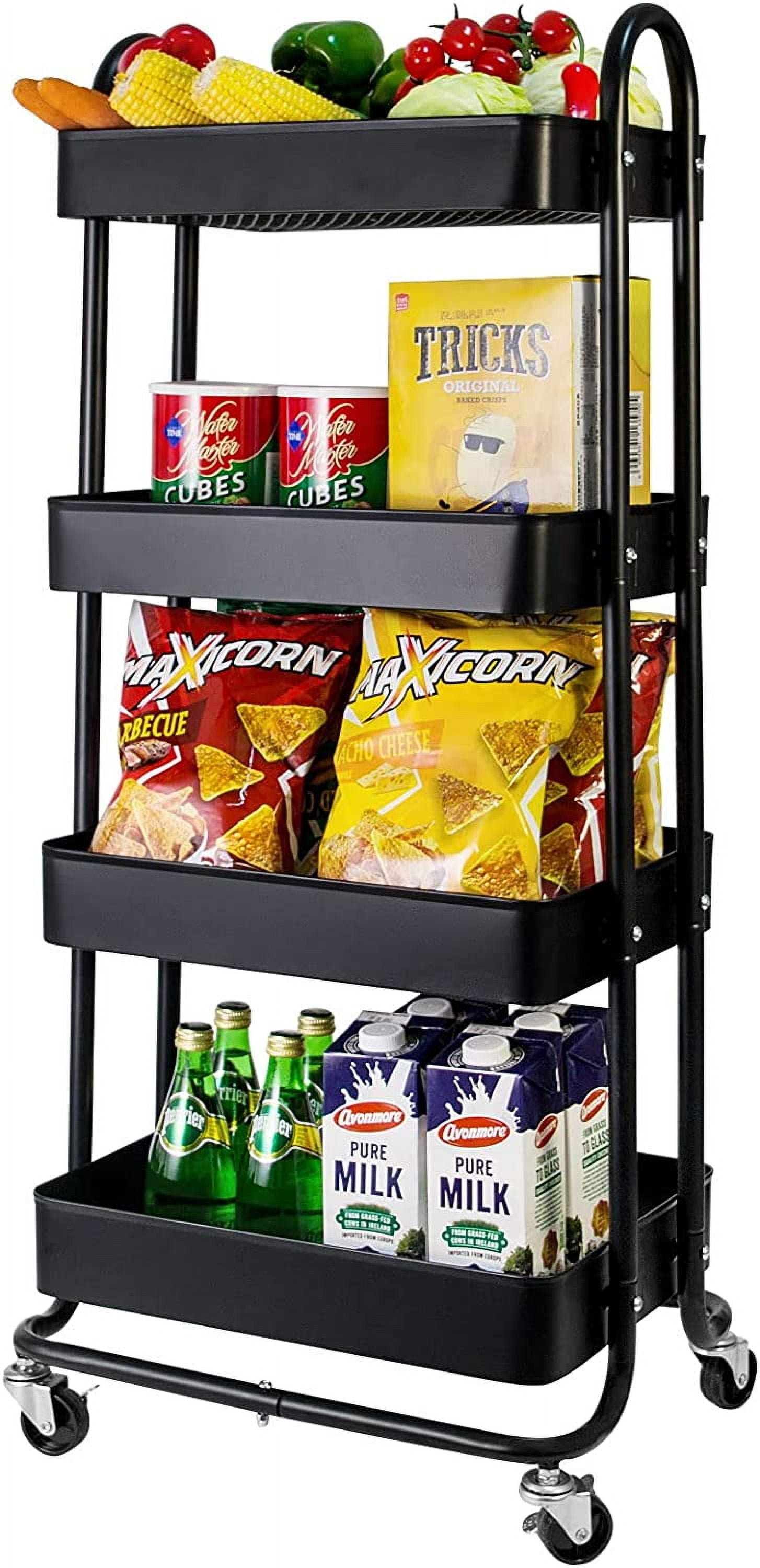 Black 4 Tier Metal Mesh Utility Rolling Cart, Lockable Wheels Storage ...