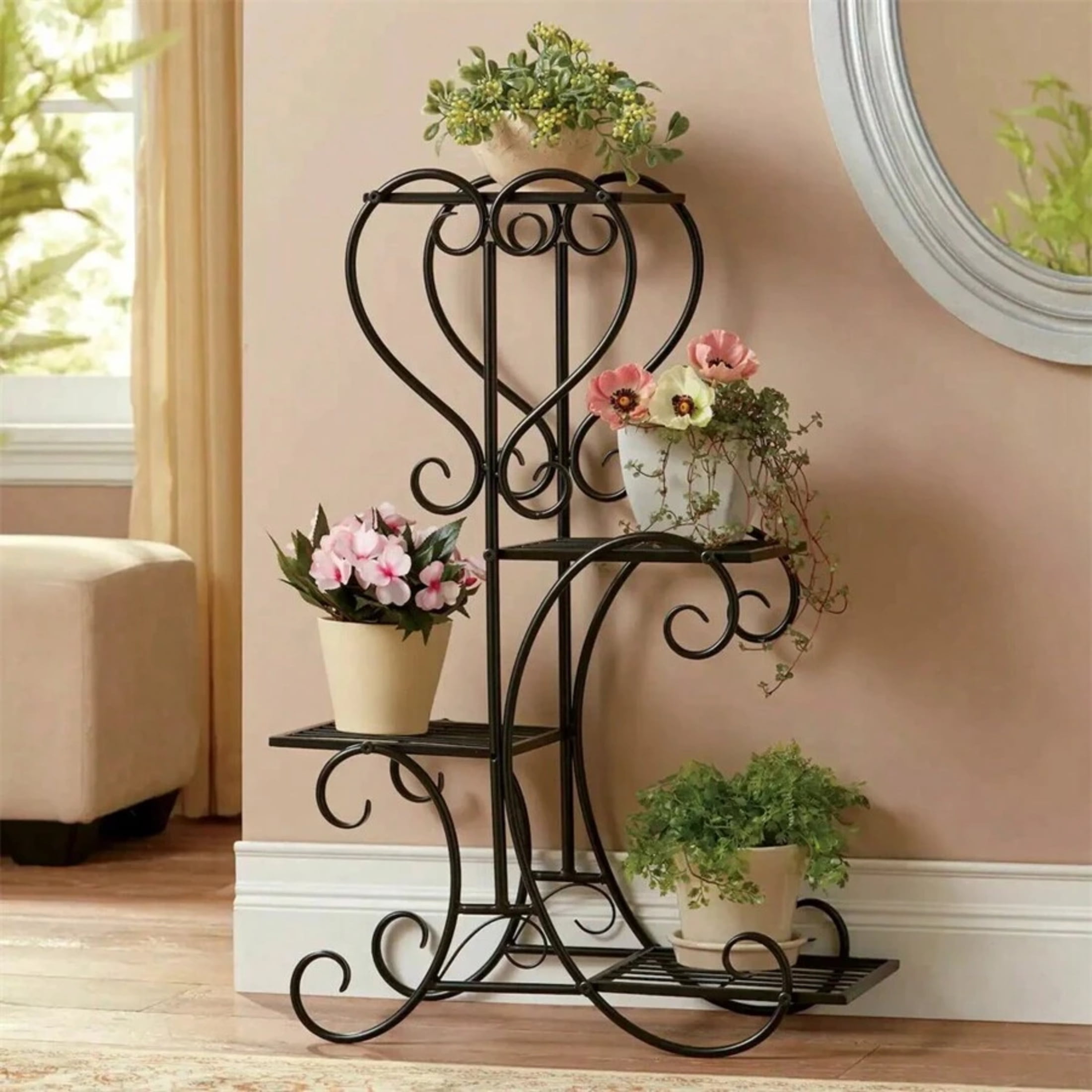 Black Metal 4-Tier Curved Plant Stand, Decorative for Indoor Living ...