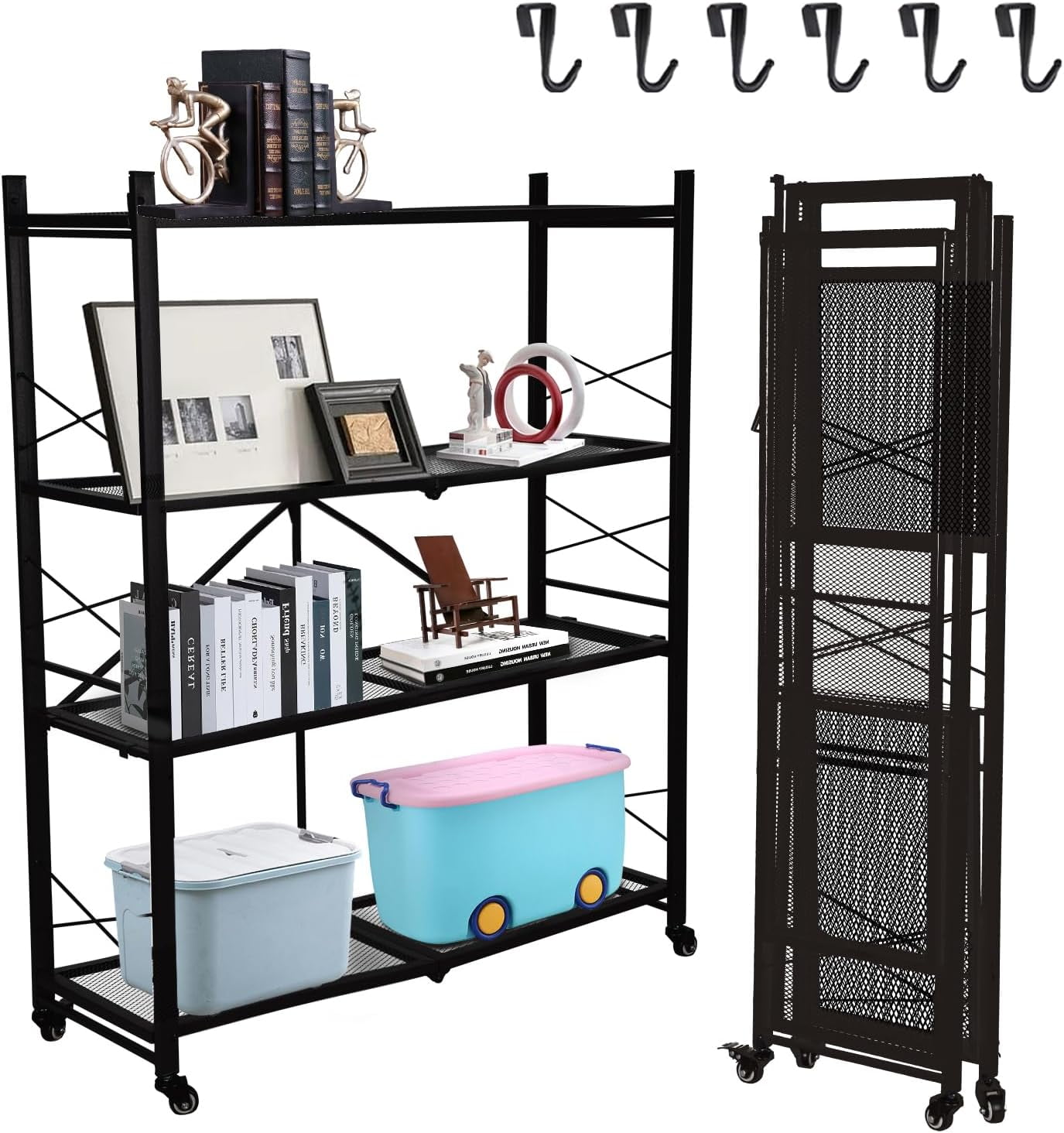 4-Tier Metal Shelving with Wheels and 6 Hook, Rolling Storage Shelves ...