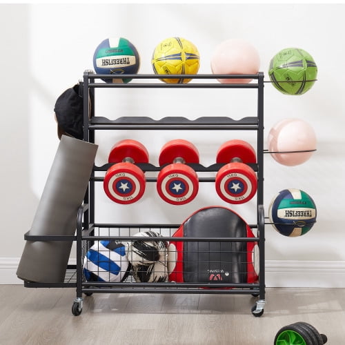 4-Tier Metal Storage Organizer with Rolling Wheels for Basketball ...