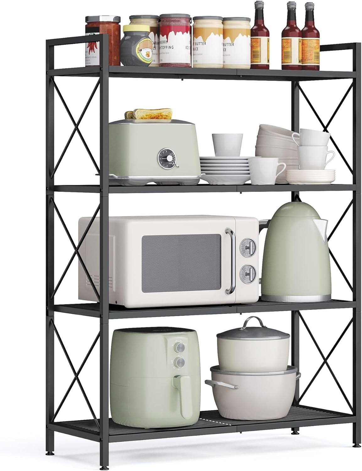 4-Tier Metal Storage Rack, Shelving Unit with X Side Frames, Dense Mesh ...