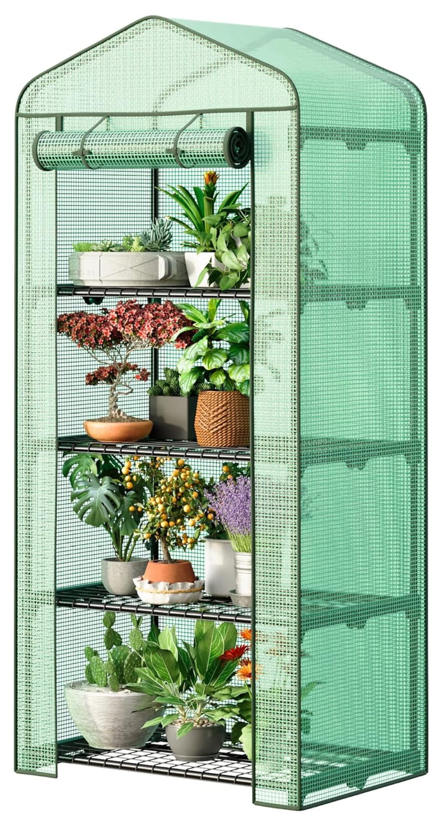 4-Tier Mini Greenhouse Portable Plant Flower Shelf Tent w/PE Cover Roll ...