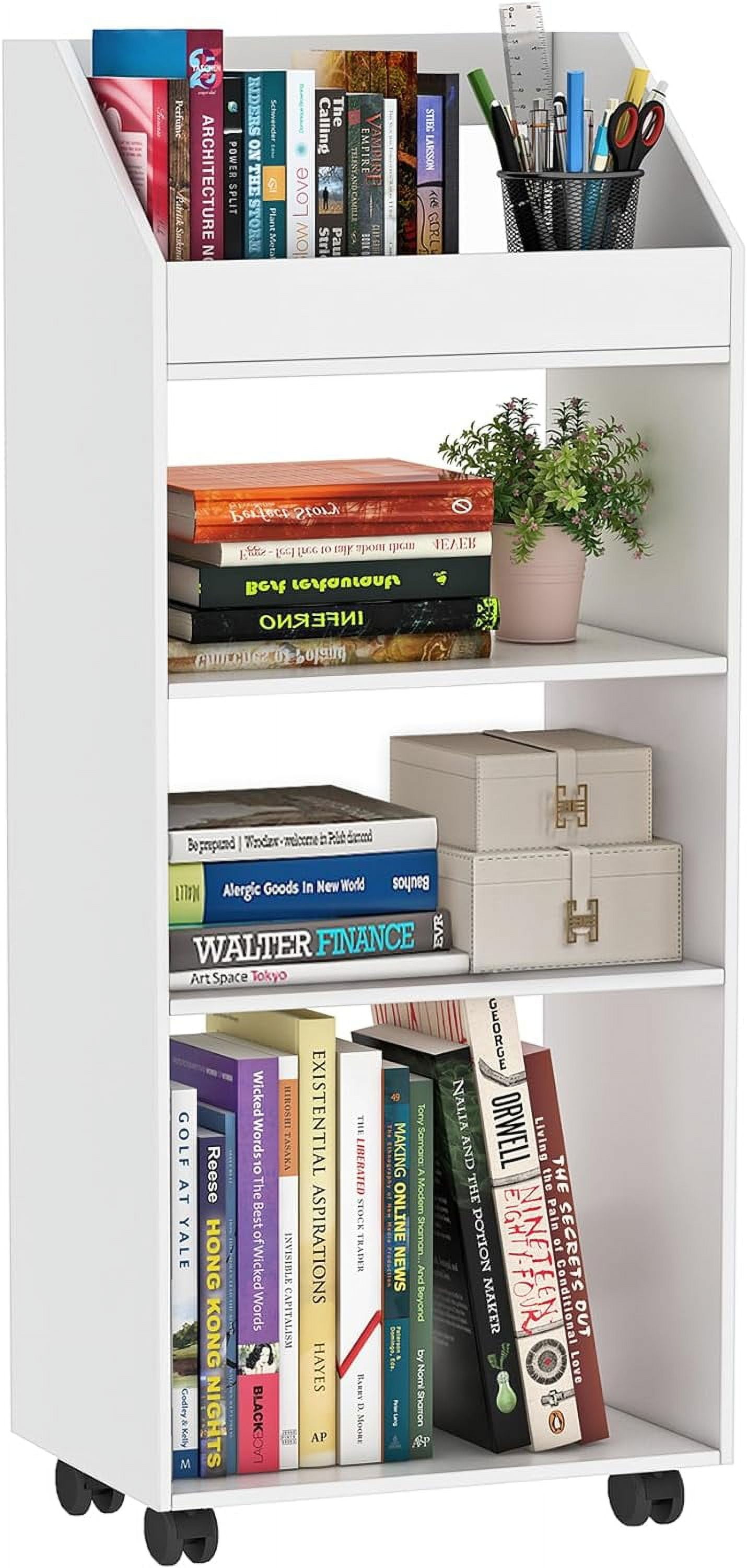 4-Tier Mobile Bookshelf, White Bookcase with Wheels, Rolling File ...