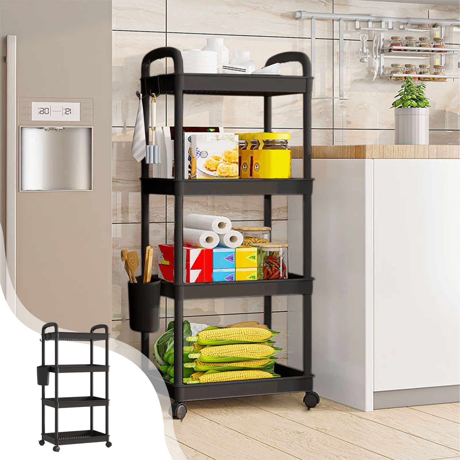 4-Tier Mobile Kitchen Cart, Rolling Storage Organizer with Wheels for ...