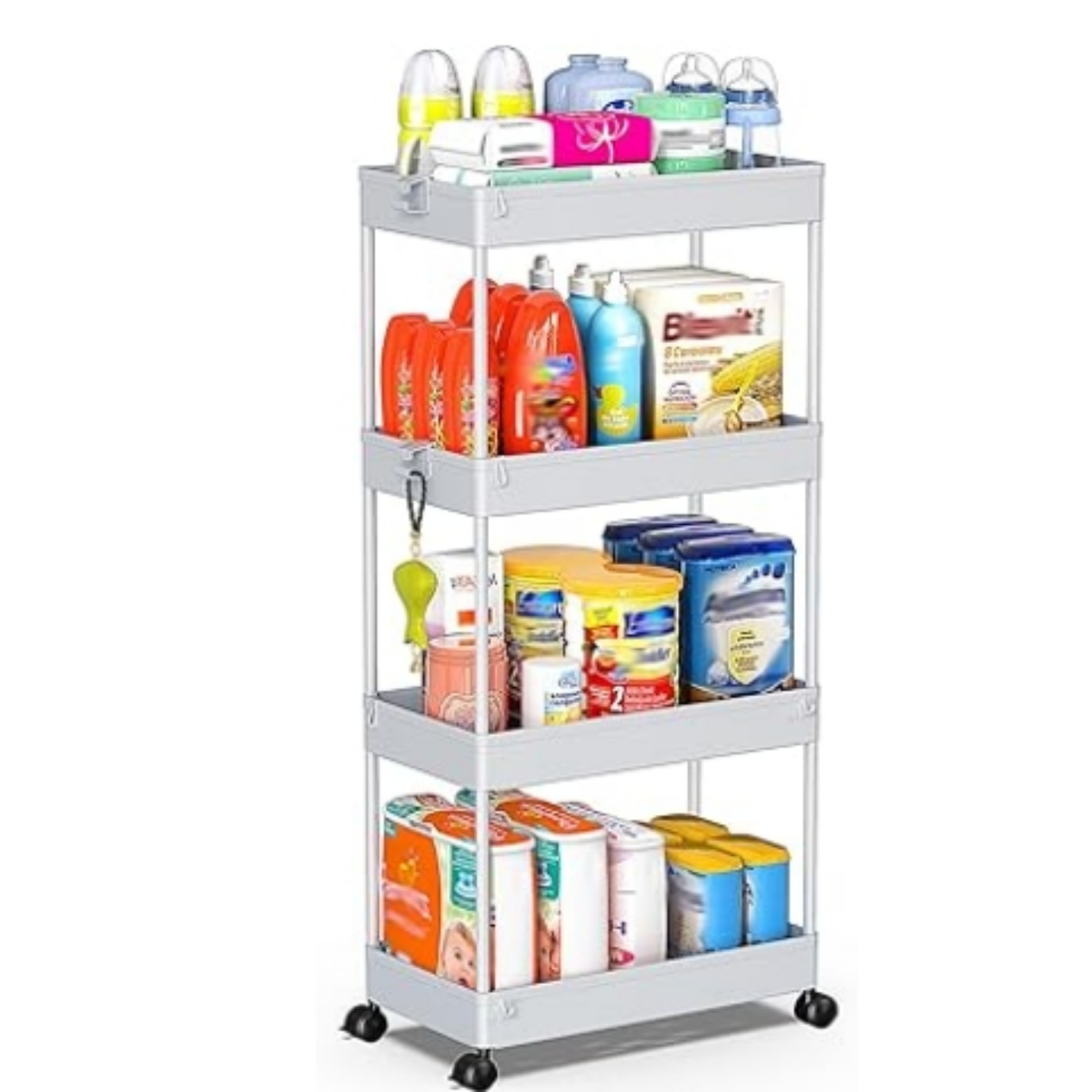 4-Tier Mobile Shelving Unit, Bathroom Rolling Cart Utility Storage ...