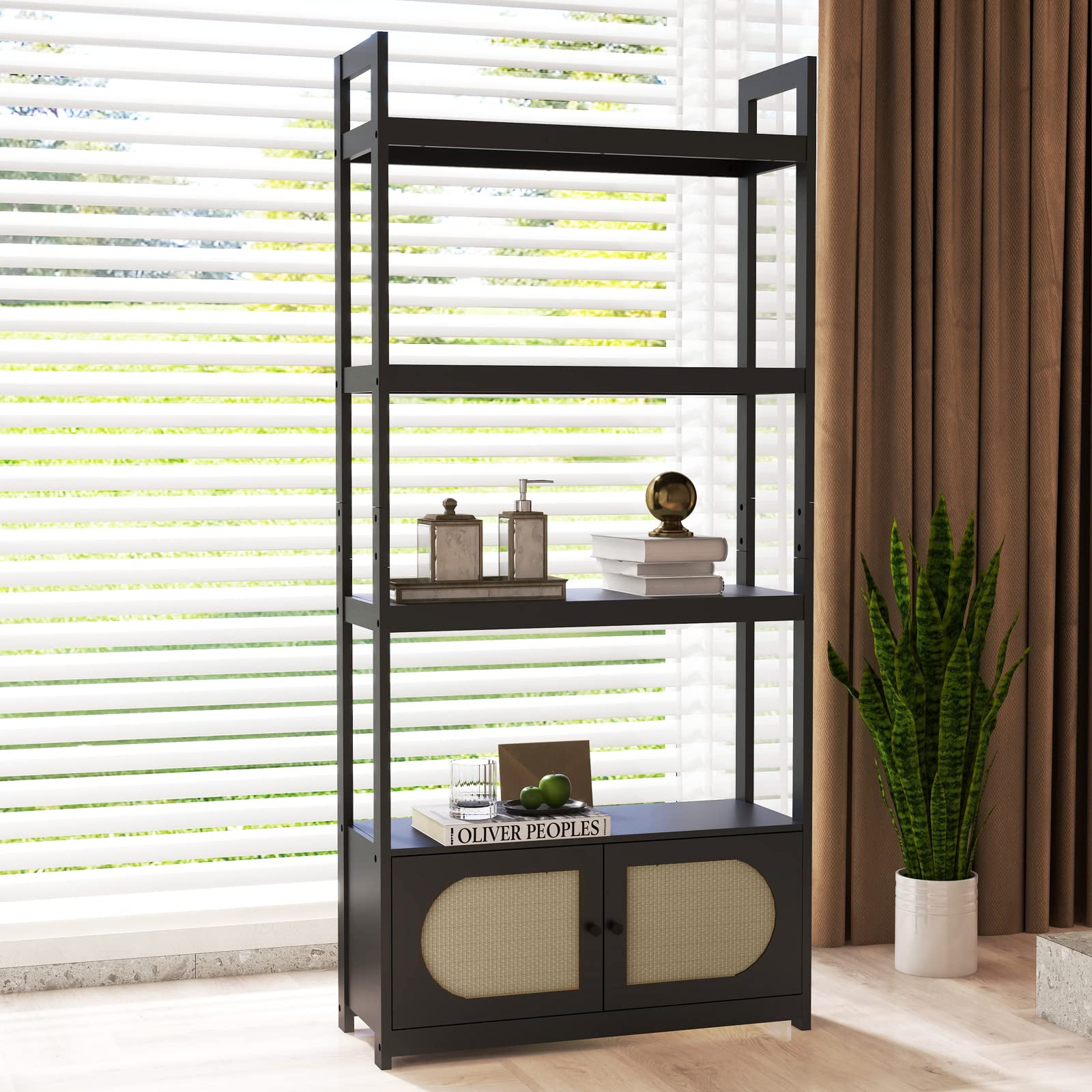 4 Tier Modern Bookshelf with Cabinet, Tall Bookcase with Woven Cane ...