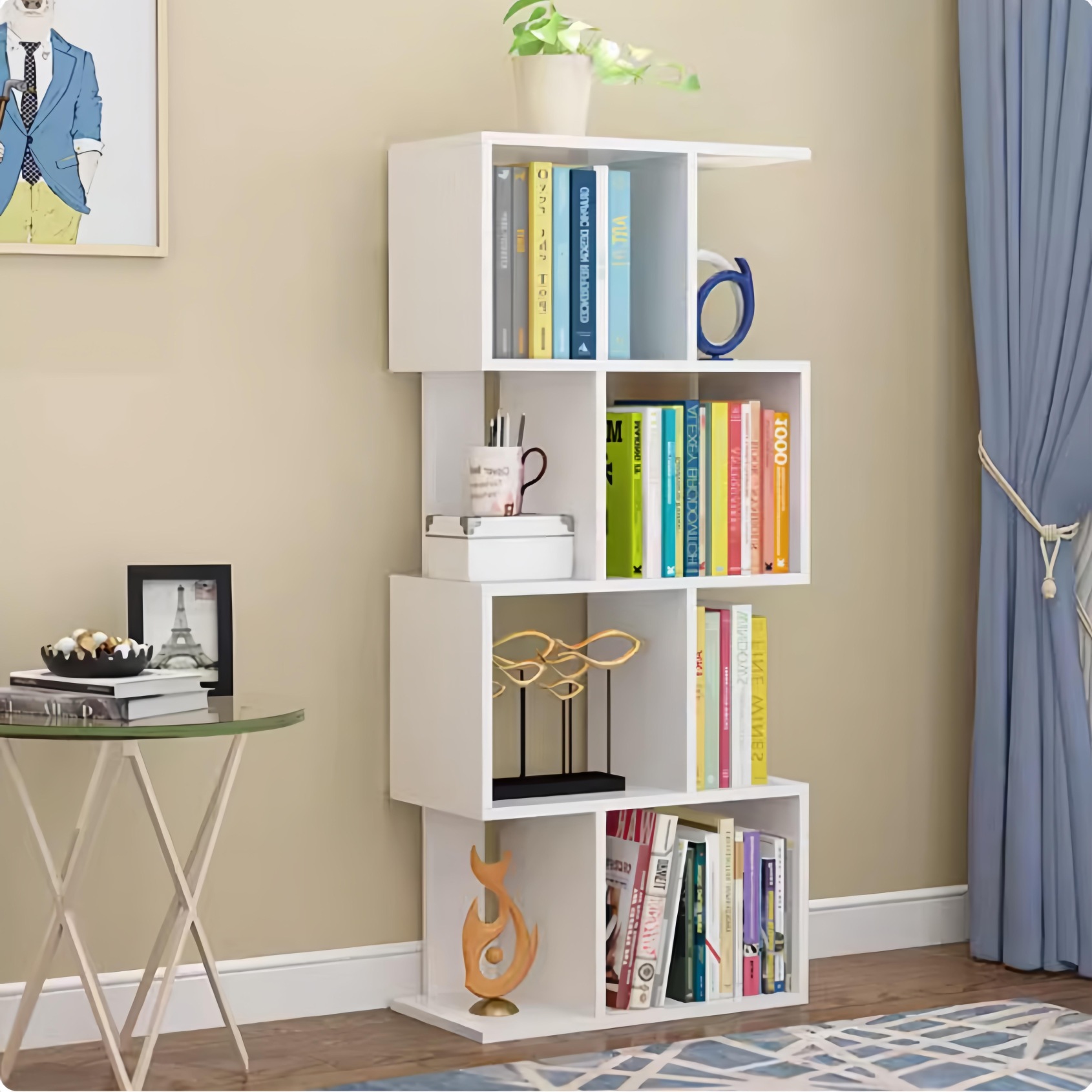 4 Tier Modern Bookshelf, Wood S-Shaped Bookcase, Free Standing ...